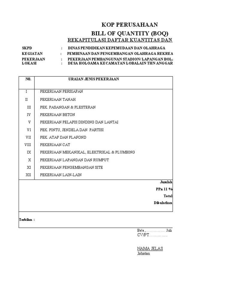 Boq Pembangunan Stadion Holoama Ok | PDF | Teknologi & Rekayasa