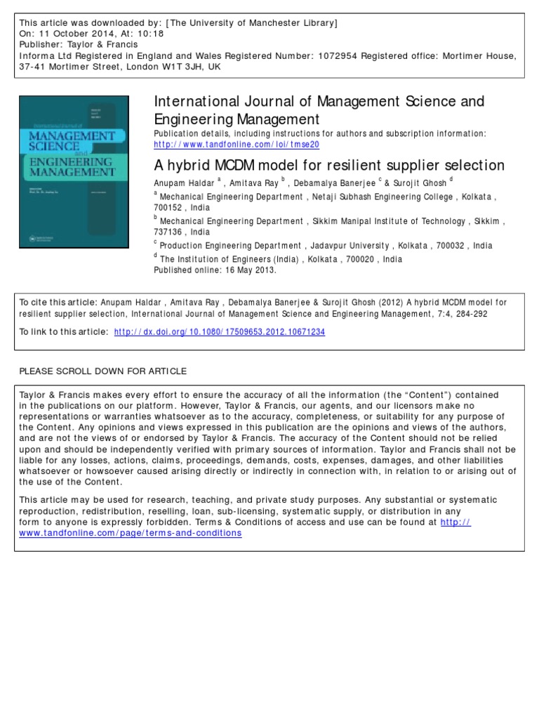 A Hybrid MCDM Model For Resilient Supplier Selection | PDF | Supply ...