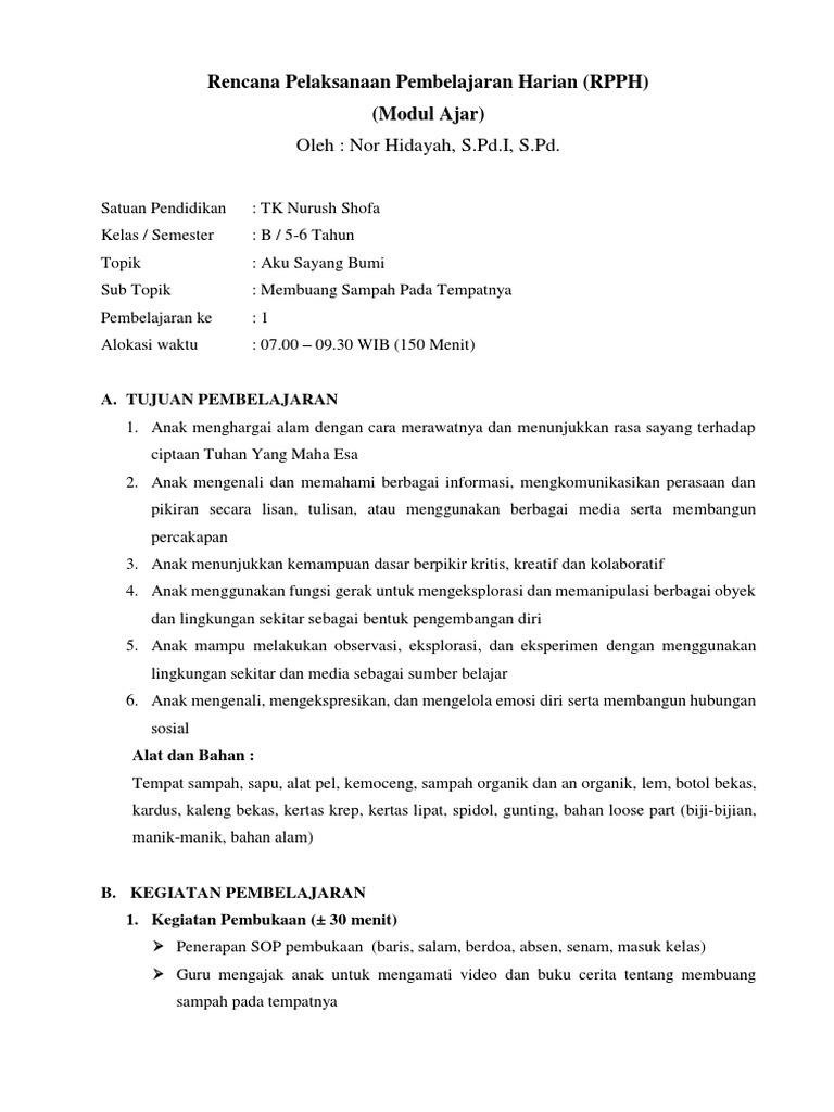 Contoh Lengkap RPPH Kurikulum Merdeka PAUD | PDF