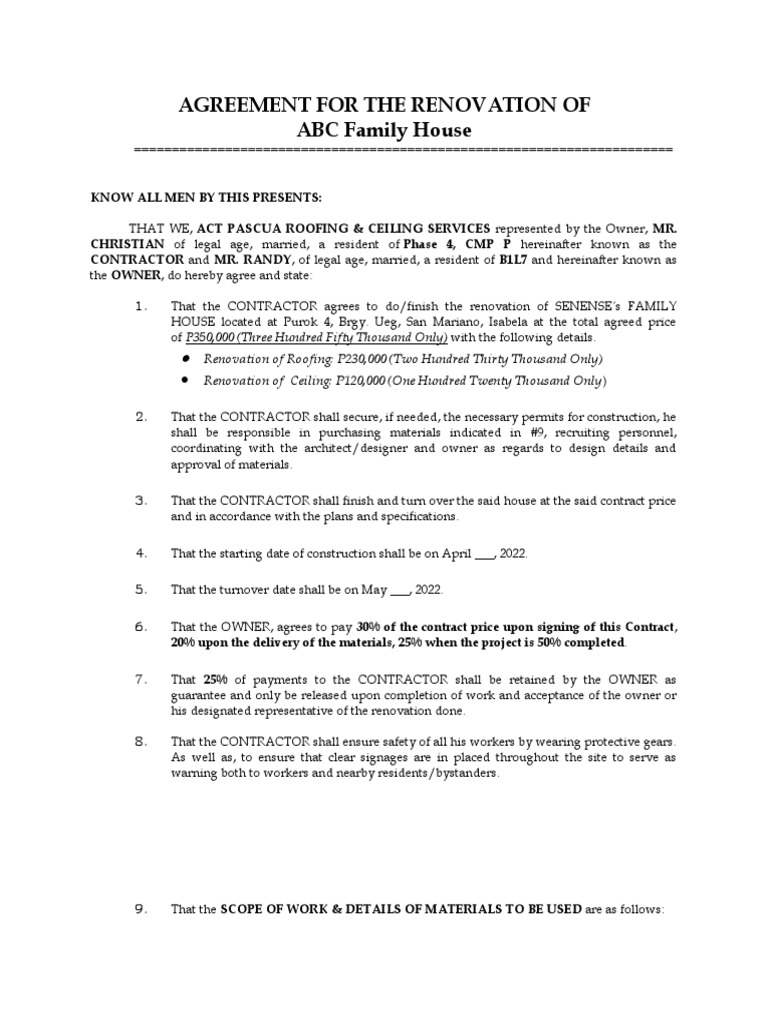 House Renovation Agreement Template | PDF | Private Law | Justice