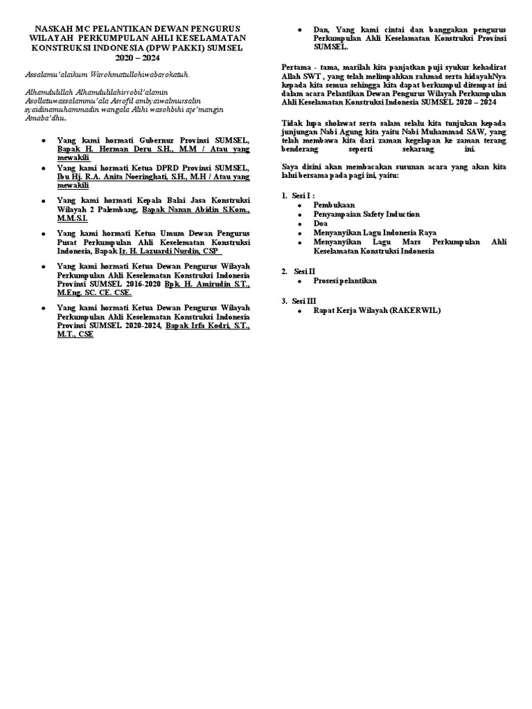 Naskah MC Pelantikan PAKKI Q Card | PDF