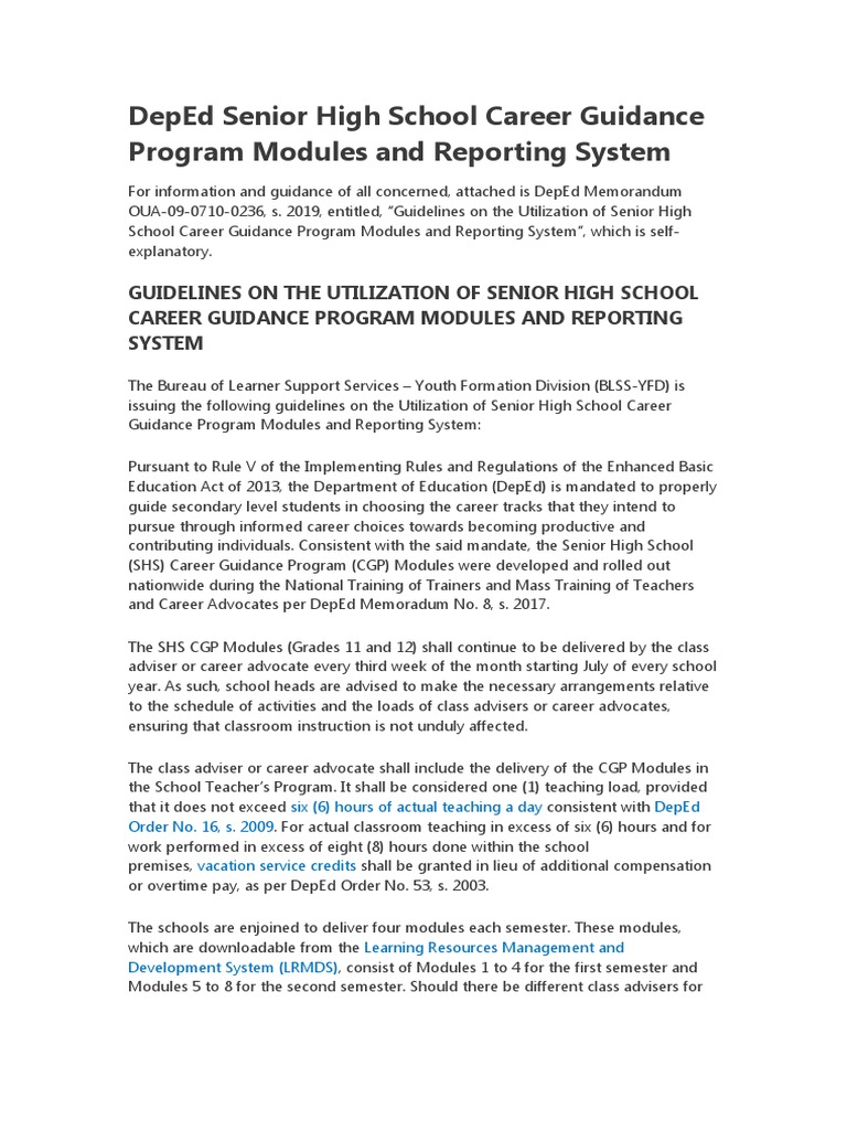 DepEd Senior High Career Guidance Guidelines | PDF | School Counselor ...