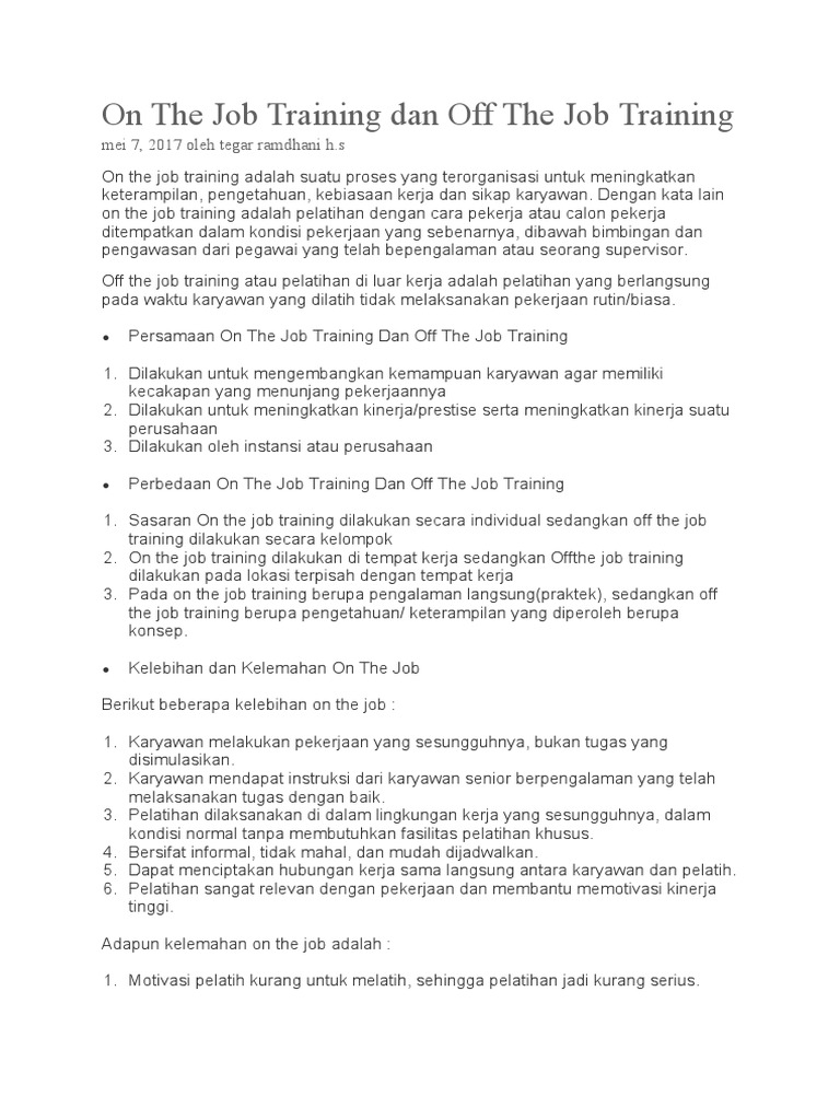 Perbandingan On dan Off The Job Training | PDF | Karier & Perkembangan