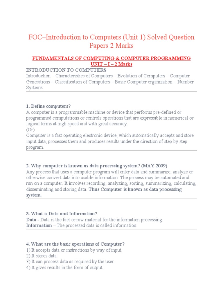FOC-Introduction To Computers (Unit 1) Solved Question Papers 2 Marks | PDF | Computer Data ...