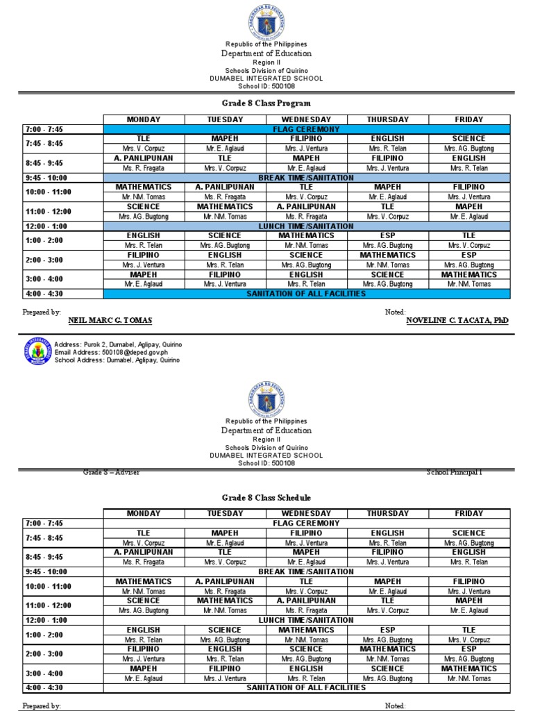 Grade 8 Class Schedule for Dumabel Integrated School | PDF | Philippines
