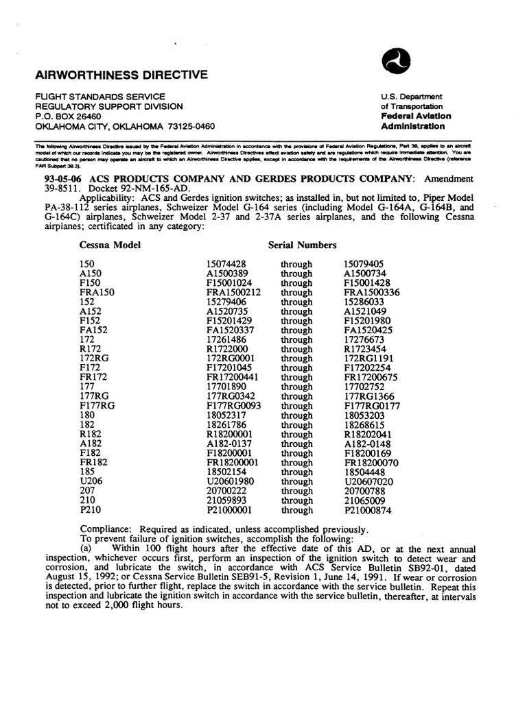 US-93-05-06 ACS and GERDES Ignition Switch | PDF | Federal Aviation ...