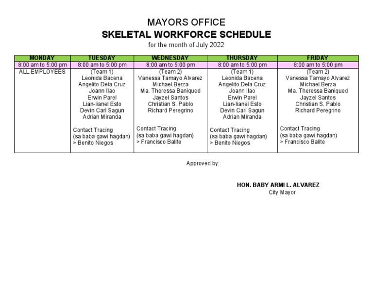 Skeletal Workforce Schedule: Mayors Office | PDF
