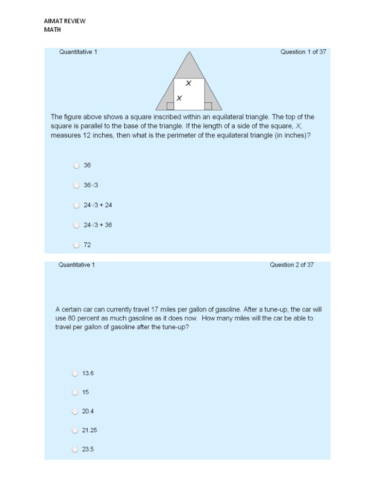 AIMAT Math Review and Answer Key | PDF
