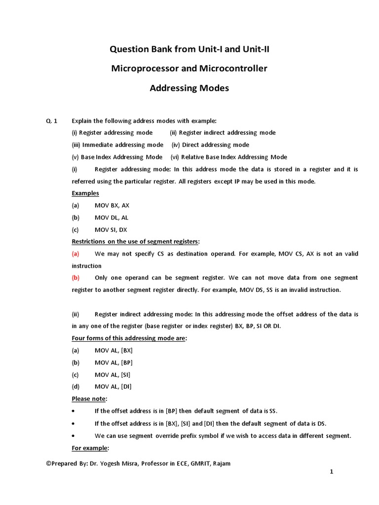 Question Bank From Unit-I and Unit-II Microprocessor and Microcontroller Addressing Modes | PDF ...