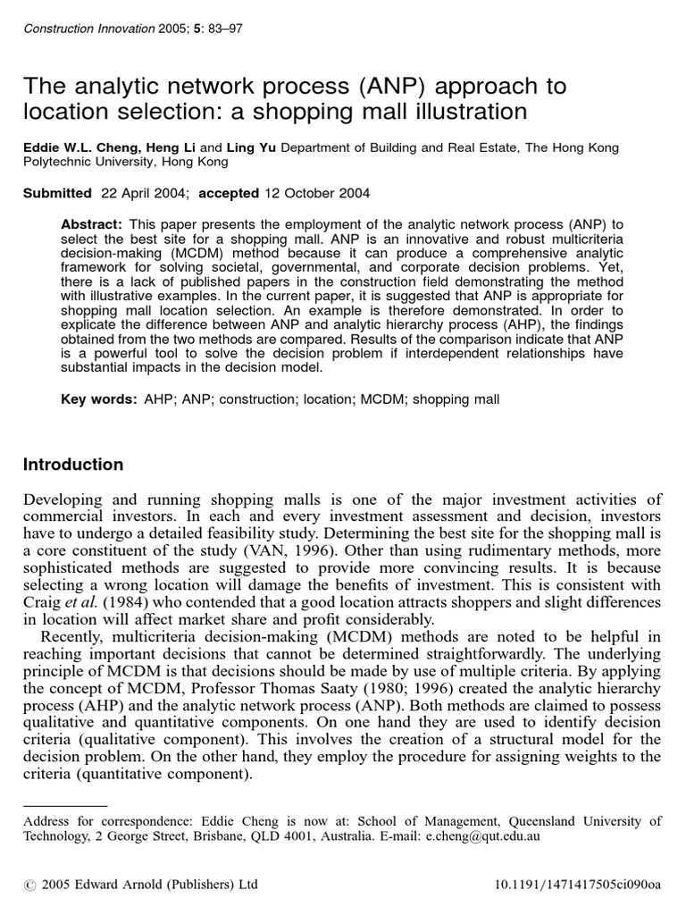 The Analytic Network Process Anp Approach To Location Selection A