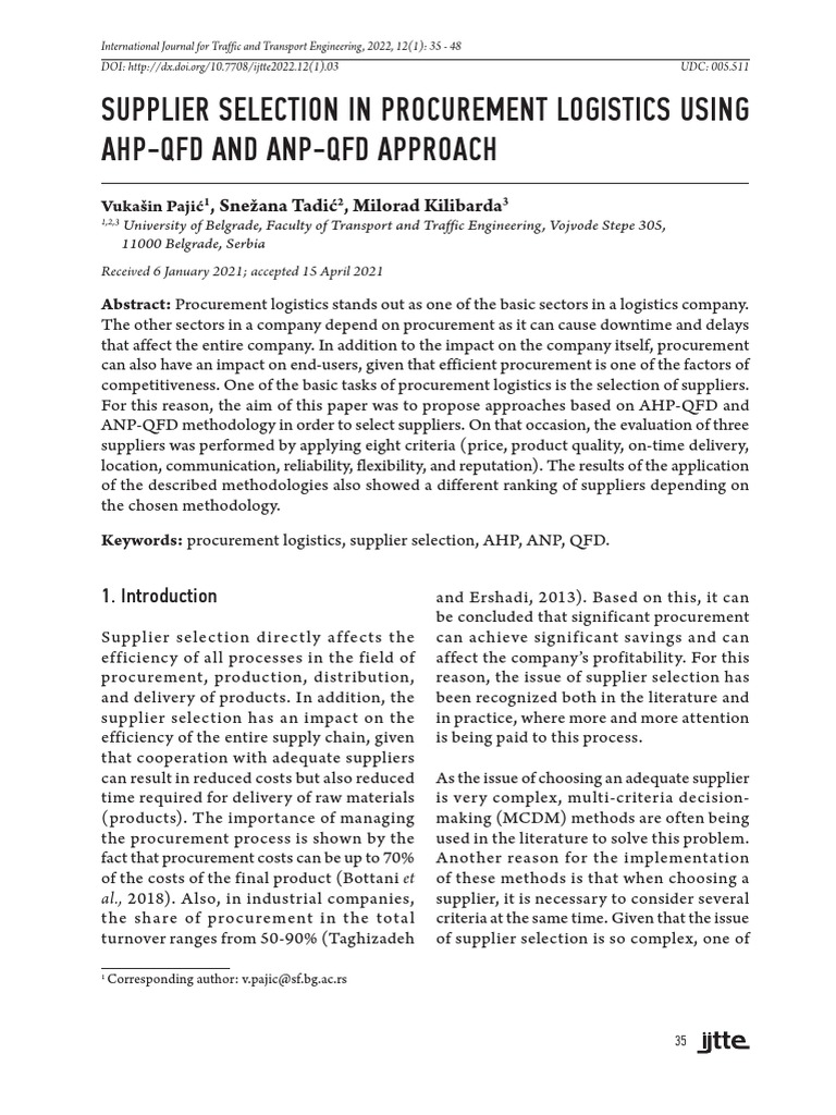 Supplier Selection In Procurement Logistics Using Ahp Qfd And Anp Qfd
