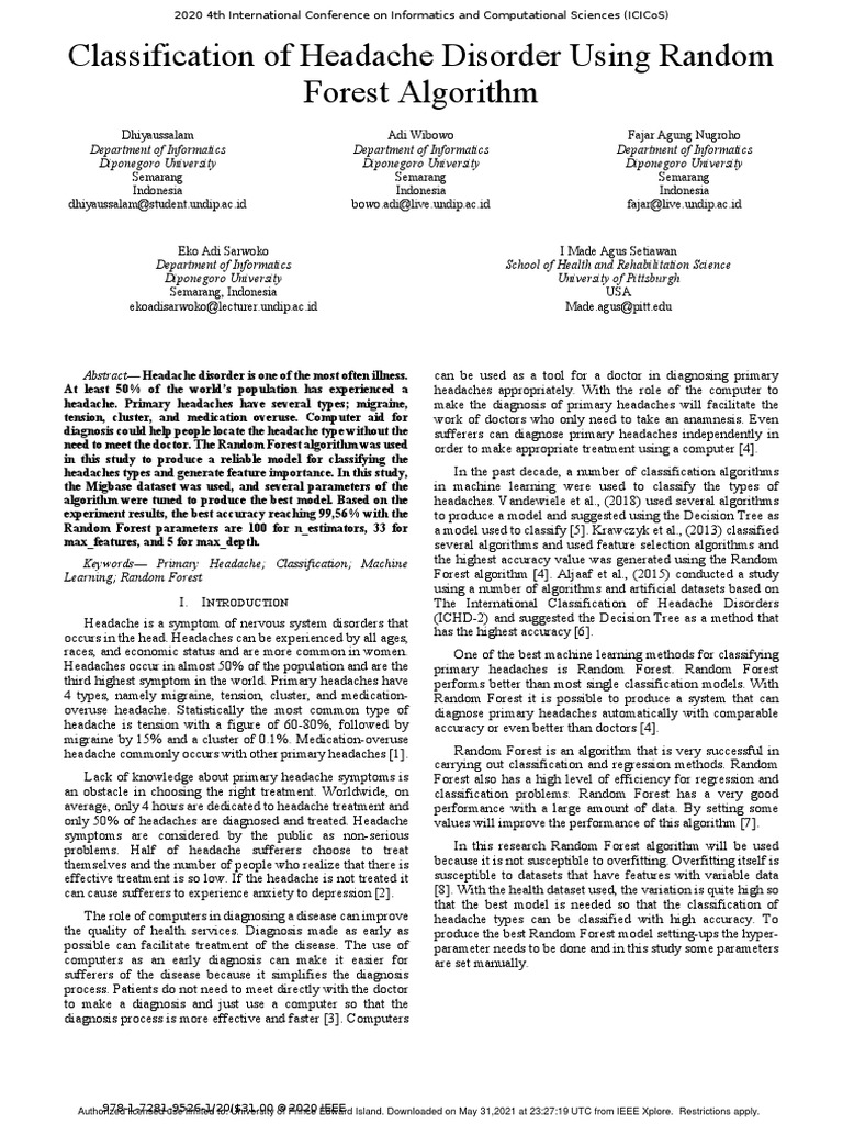 Classification Of Headache Using Random Forest Algorithm Pdf Headache Statistical 