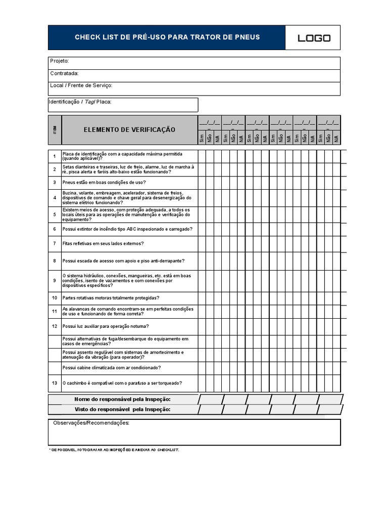 Check List de Pré-uso para Trator de Pneus.xls | PDF | Trator | Veículos