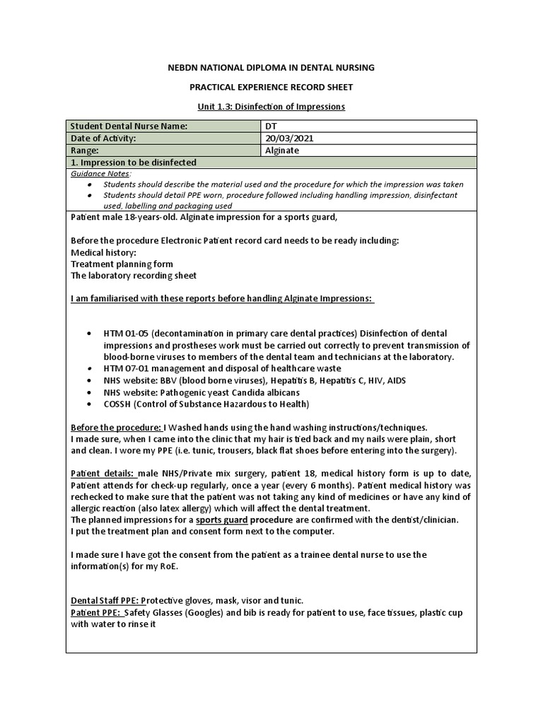 Nebdn National Diploma in Dental Nursing Practical Experience Record ...