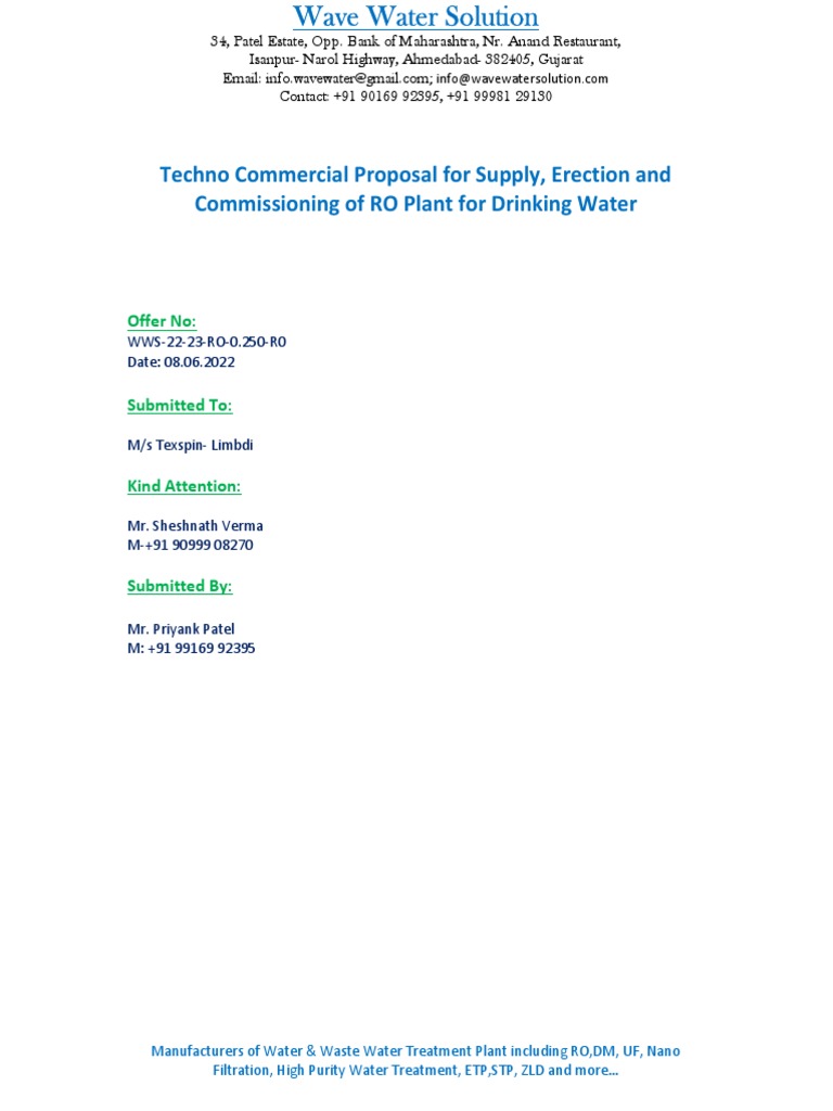 Techno Commercial Proposal For Supply, Erection and Commissioning of RO Plant For Drinking Water ...