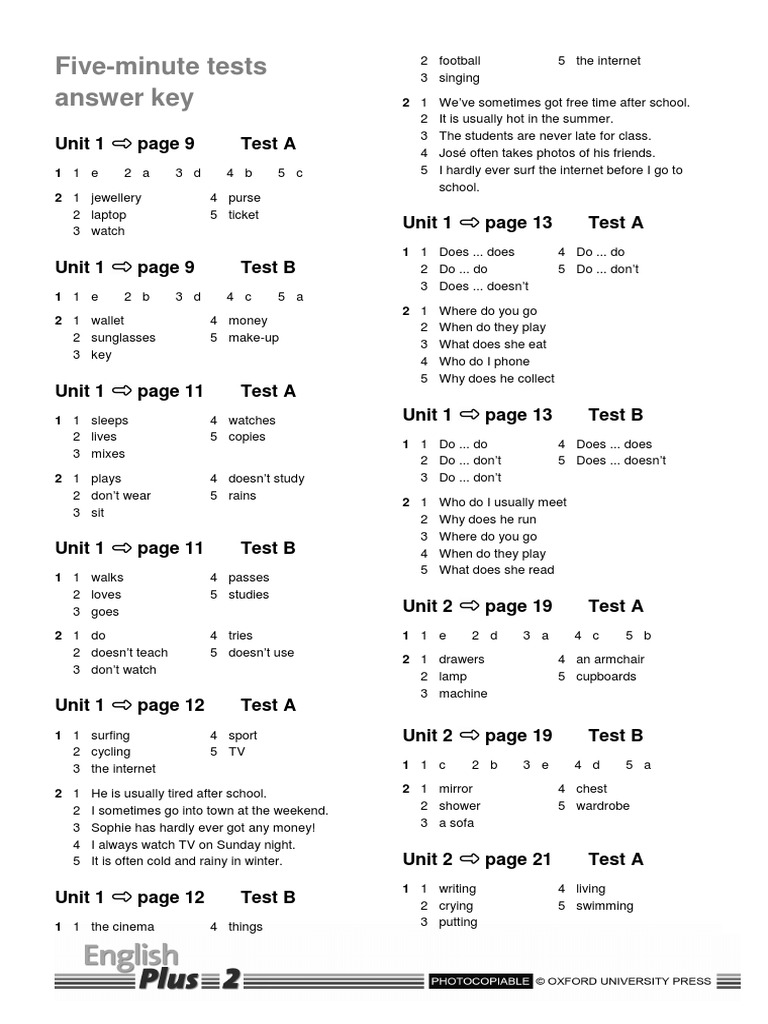 Five-Minute Tests Answer Key: Unit 1 Test A | PDF