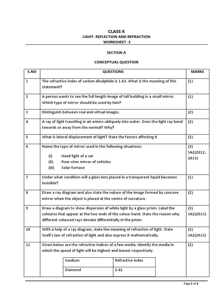 CBSE Class 10 Physics Worksheet - Reflection Refraction of Light | PDF ...