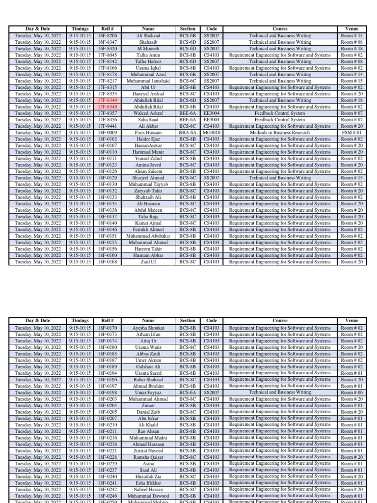 Day & Date Timings Roll # Name Section Code Course Venue | PDF