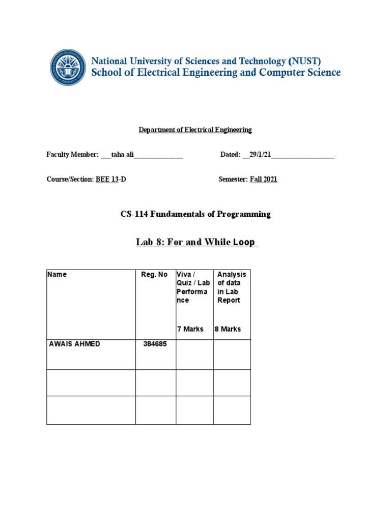 Lab 8 For And While Cs 114 Fundamentals Of Programming Loop Pdf Numbers Integer 