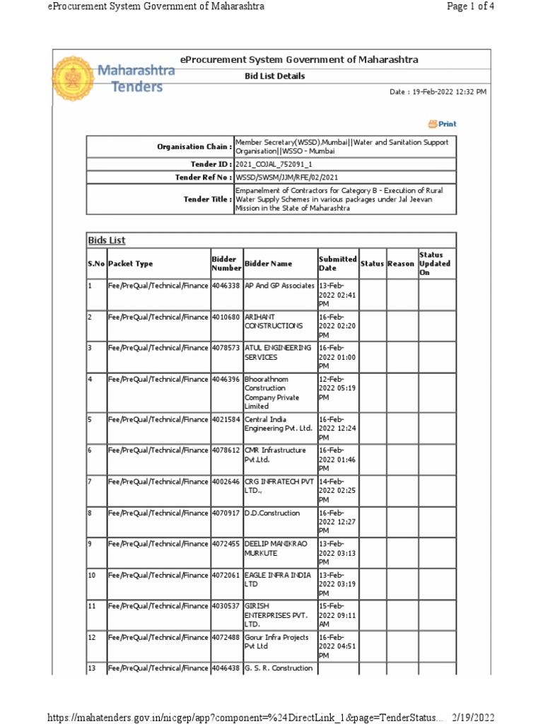 Eprocurement System Government of Maharashtra: Bids List | PDF | Supply ...