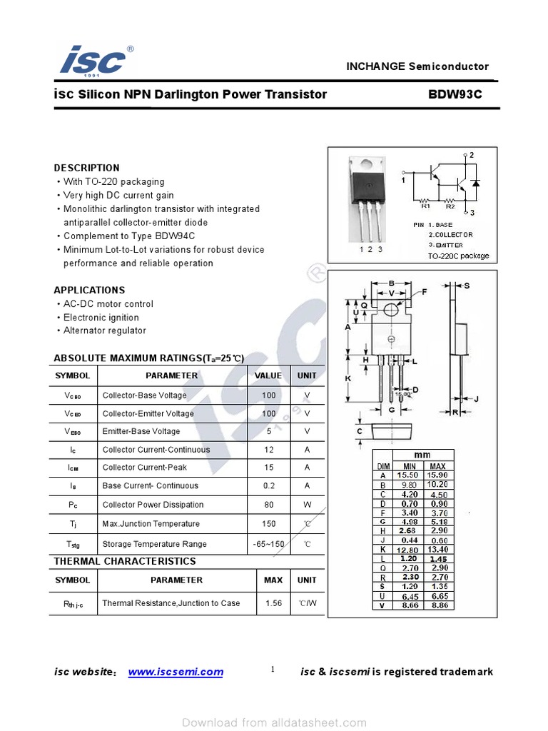 Silicon NPN Darlington Power Transistor BDW93C: Description | PDF ...