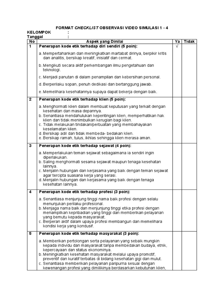 Format Checklist Observasi Video Simulasi | PDF