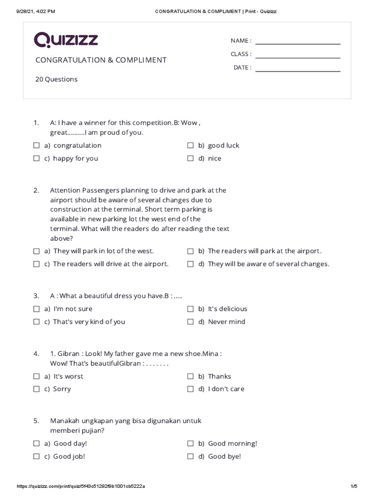 Congratulations & Compliments Quiz | PDF
