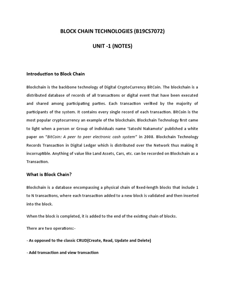 BCT - Unit-1 (Notes) | PDF | Cryptocurrency | Bitcoin
