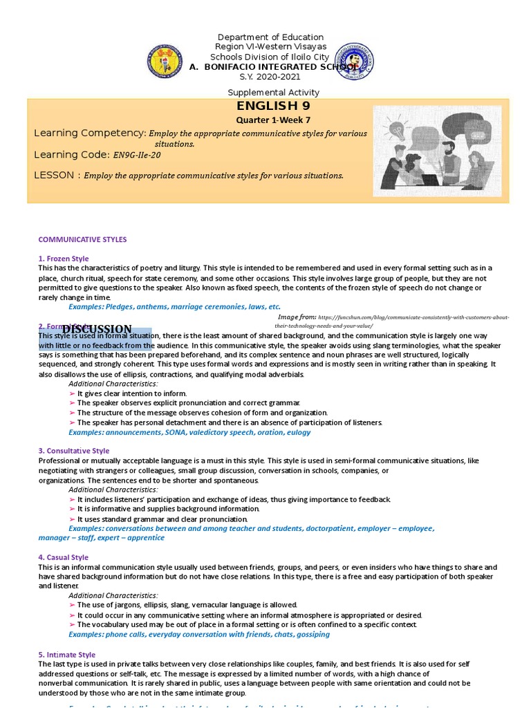 English 9 Week 7 Communicative Styles Compress | PDF | Conversation ...