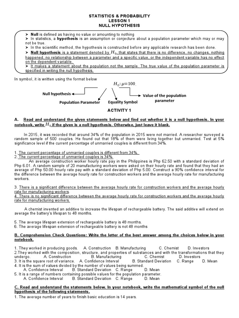 LESSON 1 Prob Stat 4th Quarter | PDF | Type I And Type Ii Errors | Statistical Significance