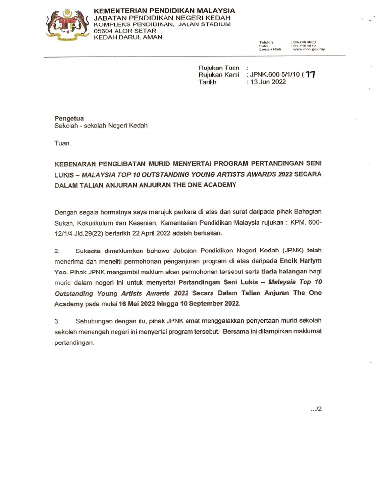 1 Surat Hebahan Kebenaran Penglibatan Murid Menyertai Program ...