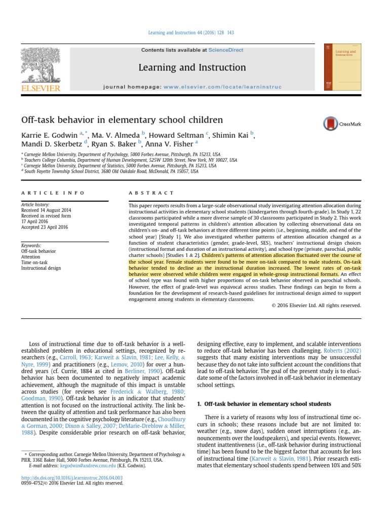 Off Task Behavior in Elementary School | PDF | Mind Wandering | Attention