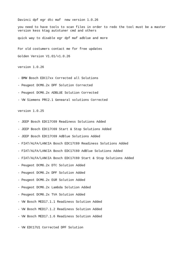 Davinci DPF Egr DTC Maf New Version 1.0.26 Full Liste | PDF | Chrysler ...