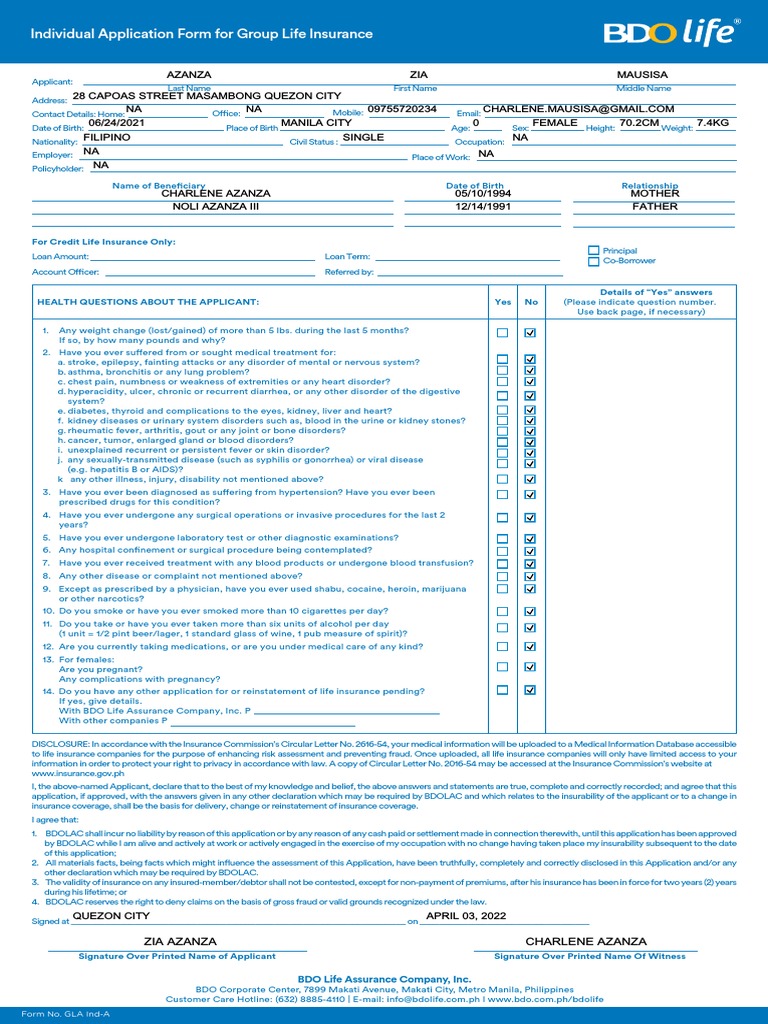 Voluntary Group Life Insurance Application Form final (1) | PDF ...