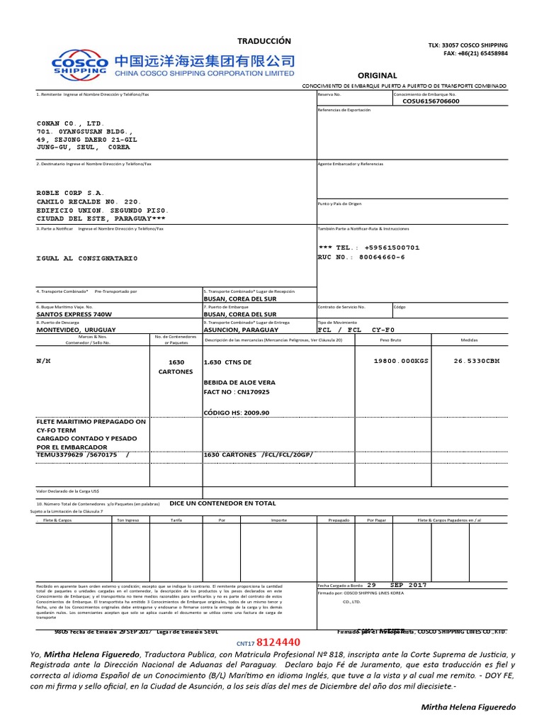BL Cosco Shipping | PDF | Guía de carga | Comercio
