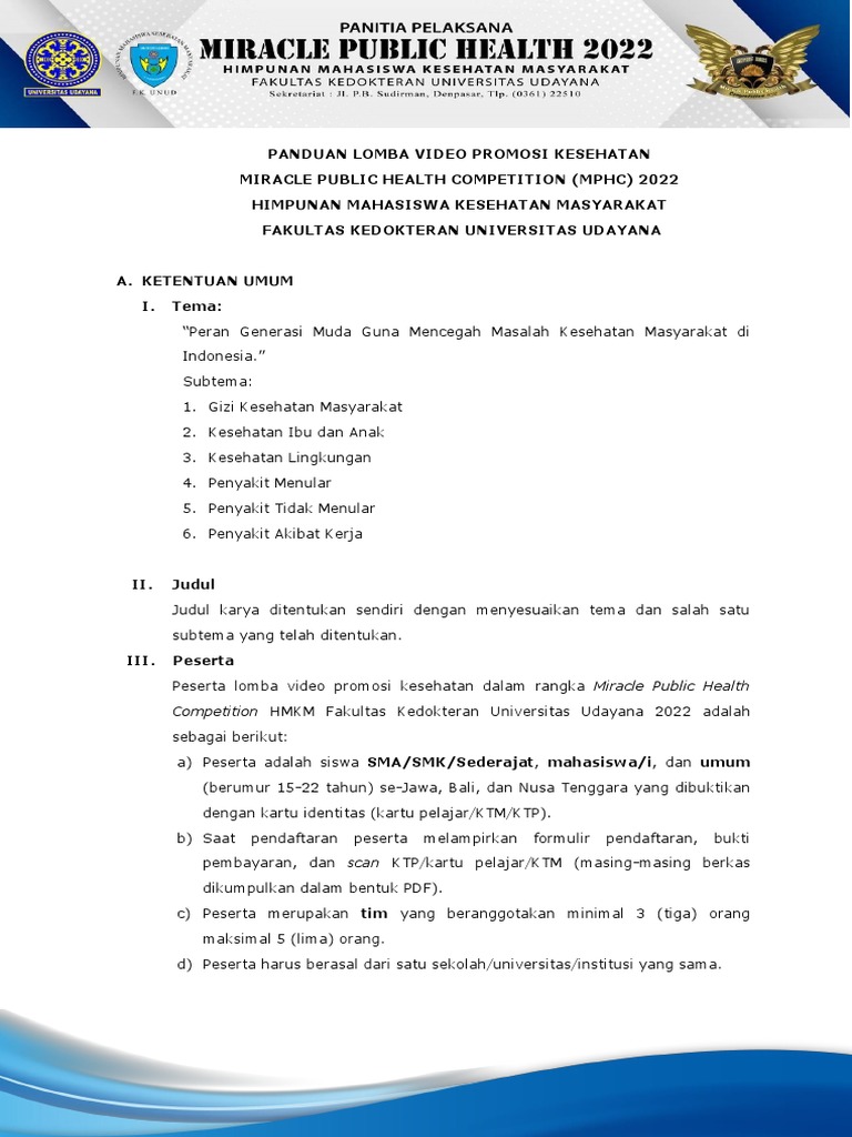 Panduan Lomba Video Promosi Kesehatan MPHC 2022 | PDF