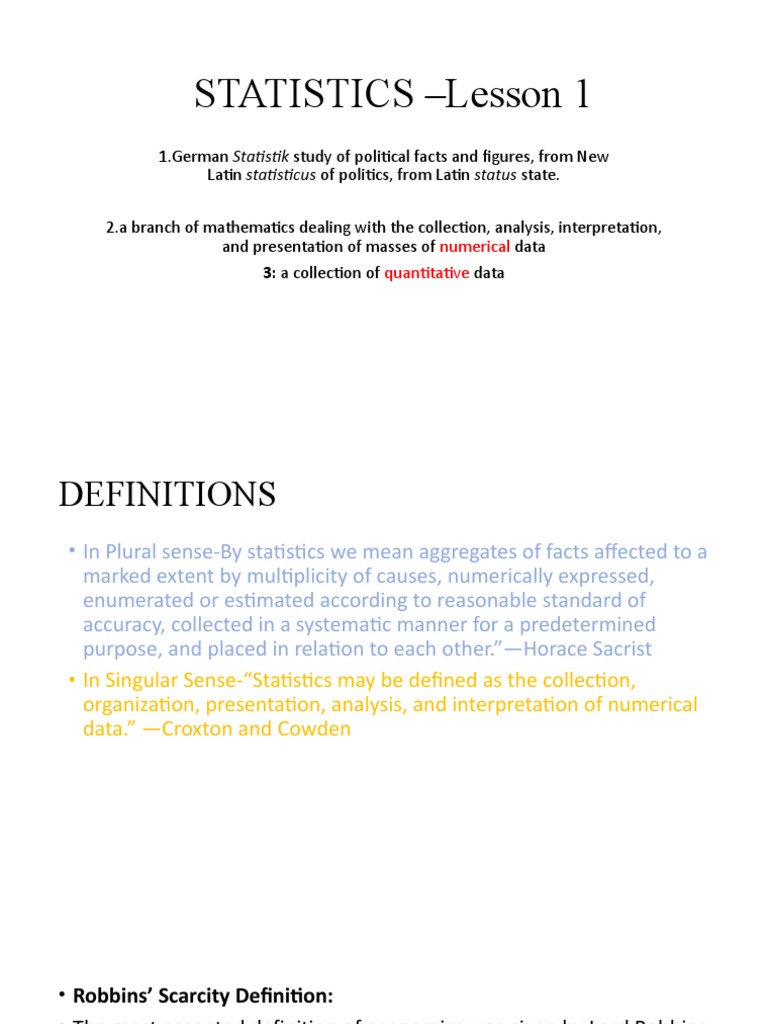 STATISTICS - Lesson 1 (For Students) | PDF | Statistics | Economics