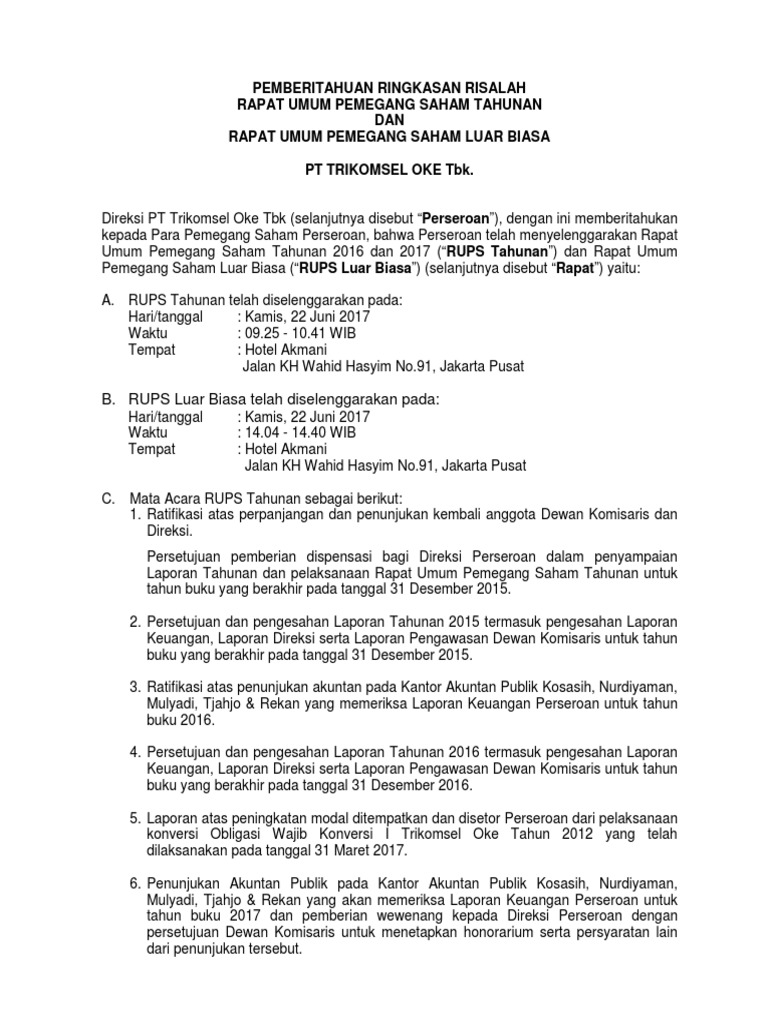 RUPS Tahunan dan Luar Biasa PT Trikomsel 2017 | PDF