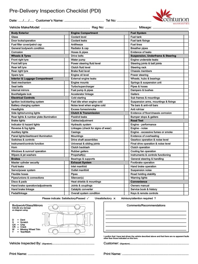 Pre Delivery Inspection Checklist | PDF | Steering | Brake