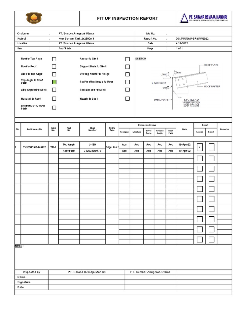 Form Report SAU TANK 1 - Fit Up Dika | PDF | Pipe (Fluid Conveyance ...