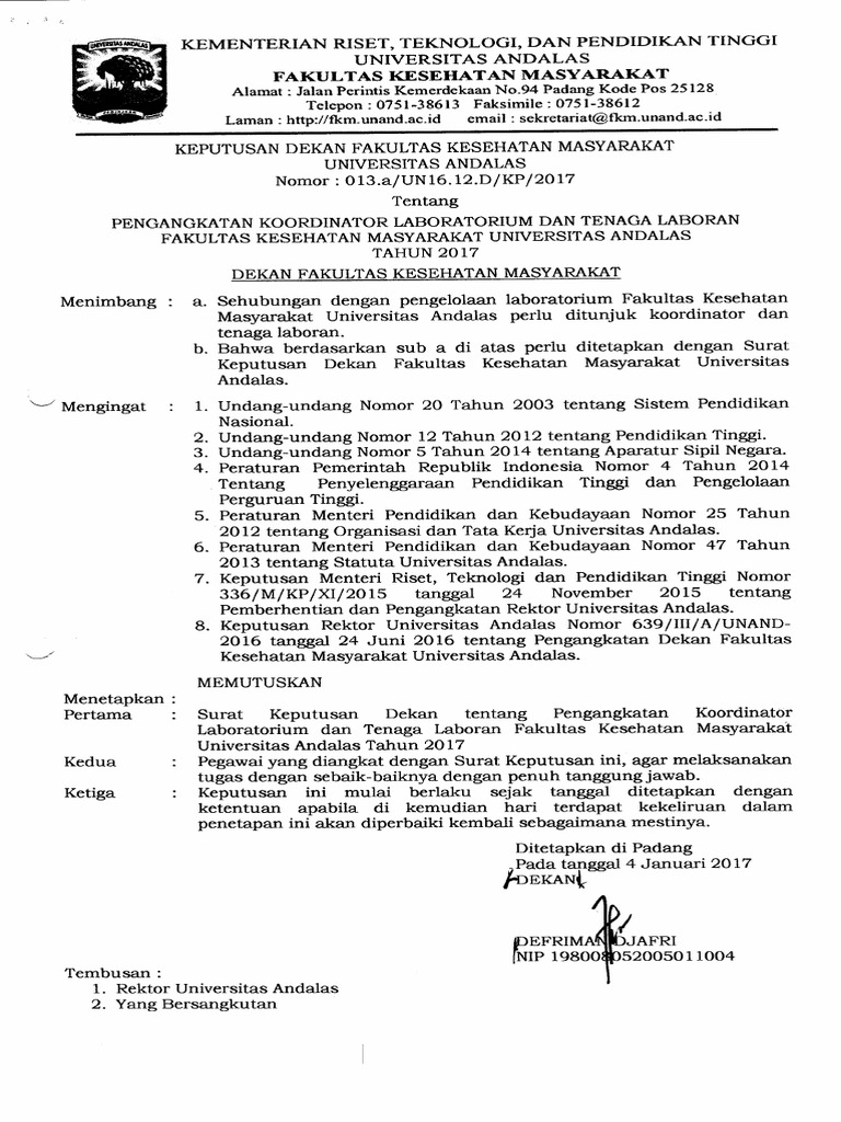 SK Dekan Tentang Pengangkatan Koordinator Laboratorium Dan Tenaga ...