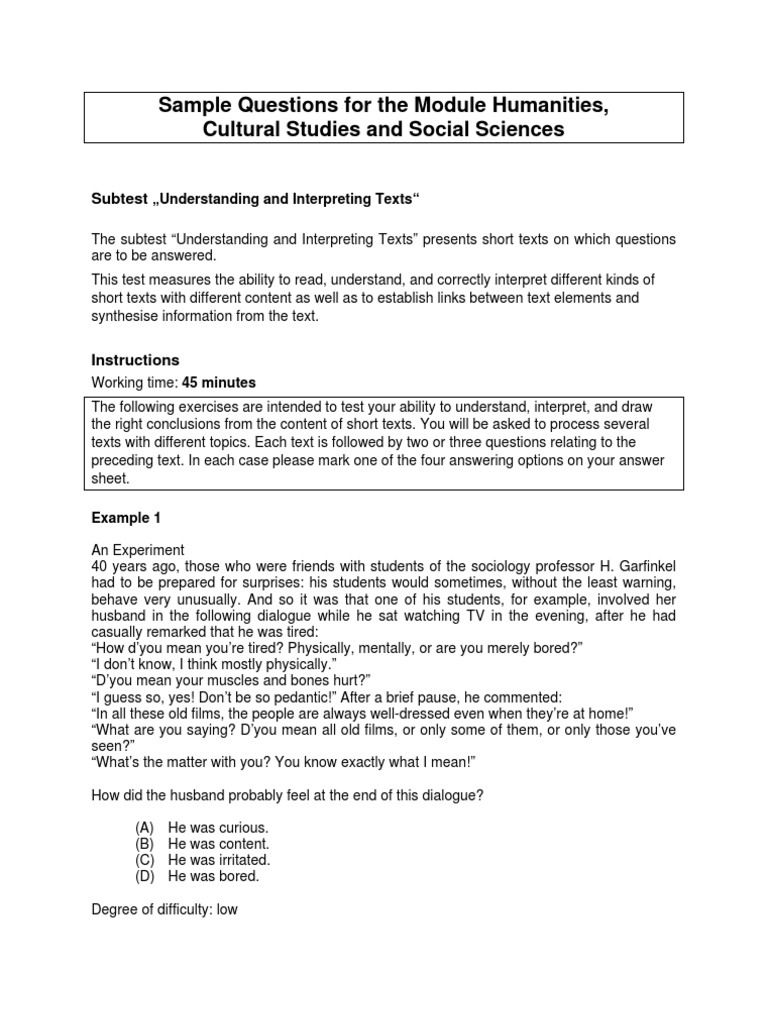Sample Questions For The Module Humanities, Cultural Studies and Social ...