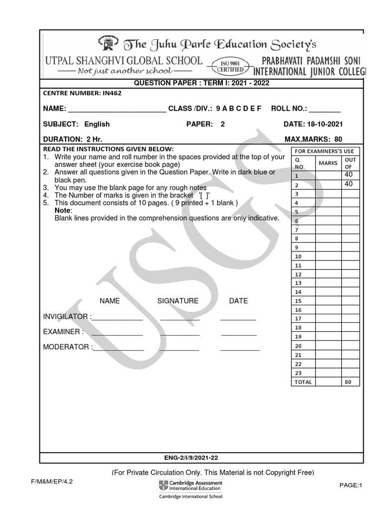 Grade 9 Ig - Paper 2-Question Paper | PDF | Books | Publishing