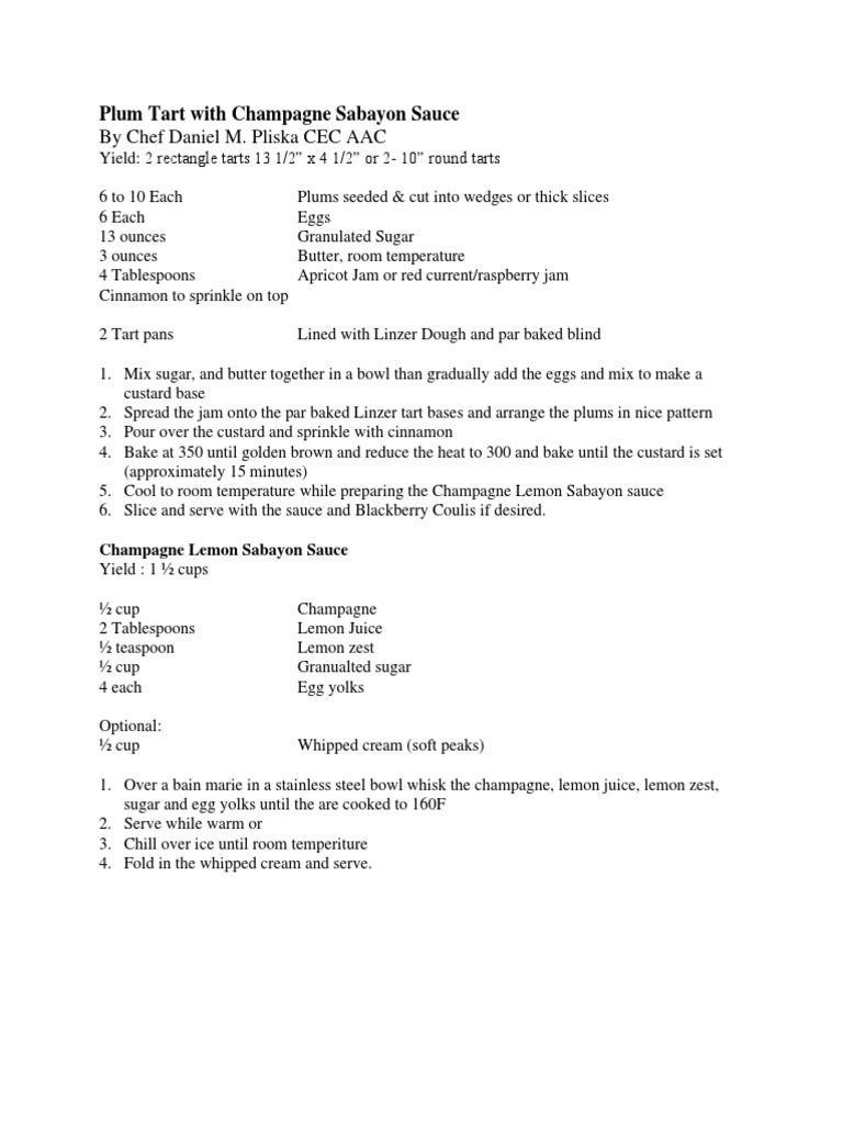 Plum Tart With Champagne Sabayon Sauce by Daniel Pliska | PDF