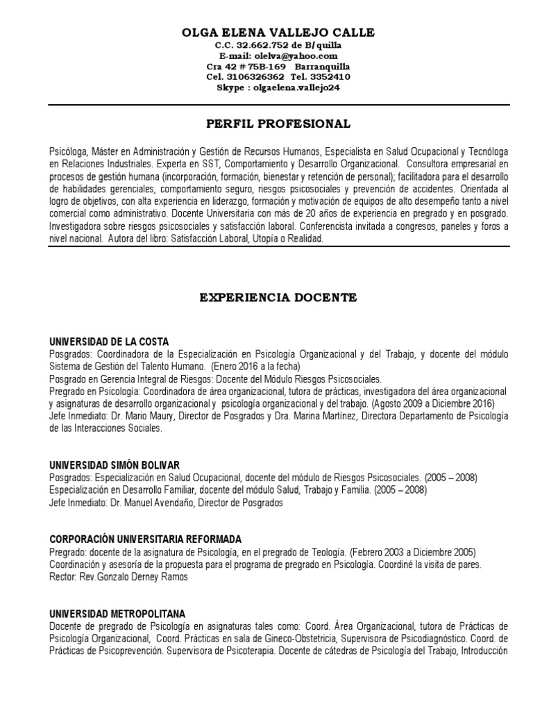 CV. Olga E. Vallejo | PDF | Psicología industrial y organizacional ...