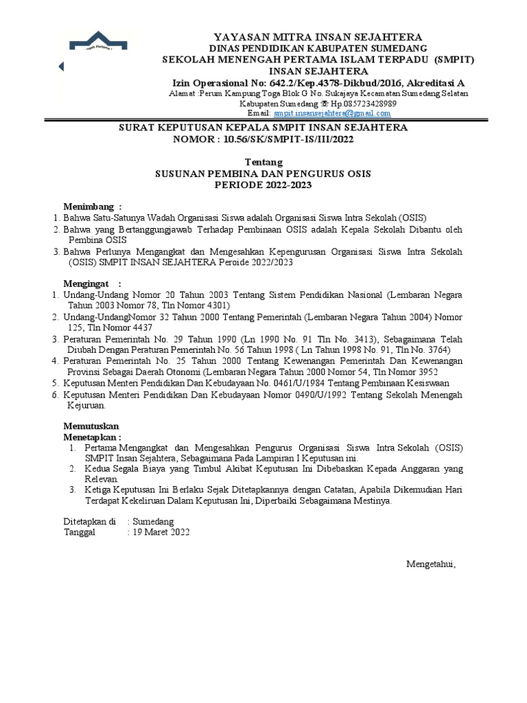 SK Pelantikan Pengurus Osis 2022-2023 | PDF