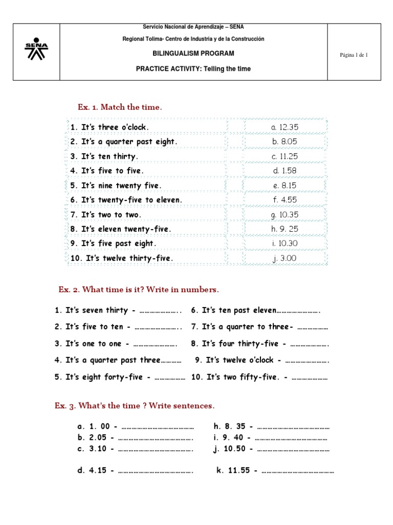 Telling The Time Practice Worksheet | PDF