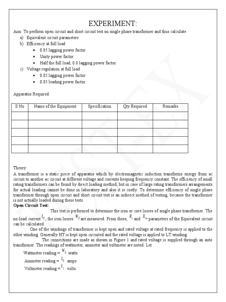 OC and SC Test On Single Phase Transformer | PDF | Transformer | Voltage