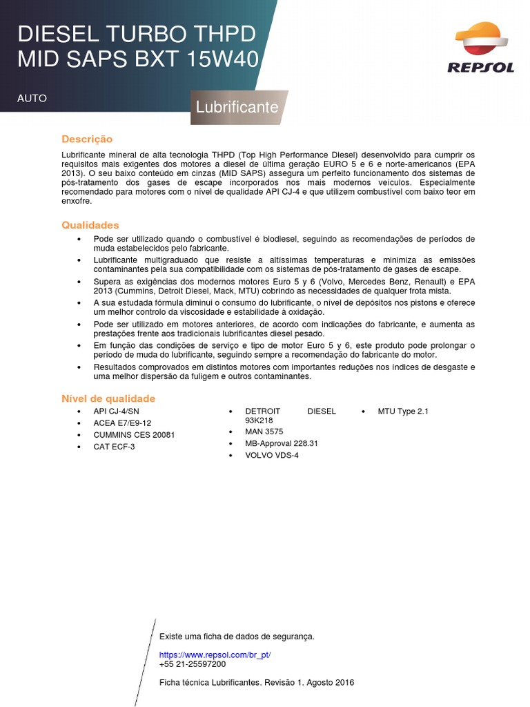 Repsol Diesel Turbo THPD Mid Saps BXT 15W40 | PDF | Motores ...