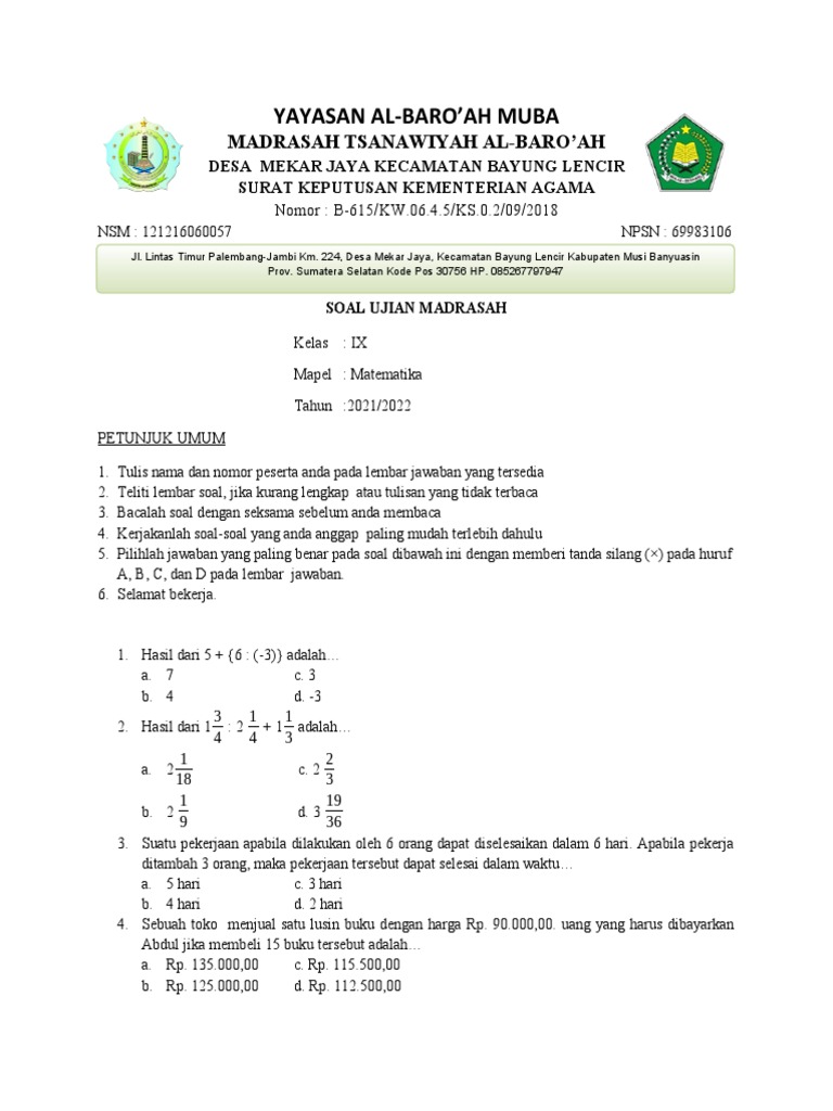 Soal Ujian Madrasah Kls 9 MTK | PDF | Metode & Bahan Ajar